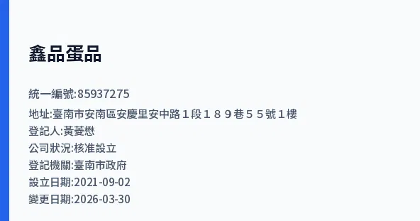 鑫品蛋品的照片-統編 85937275(臺南市) 公司登記資料與營業項目詳細圖表