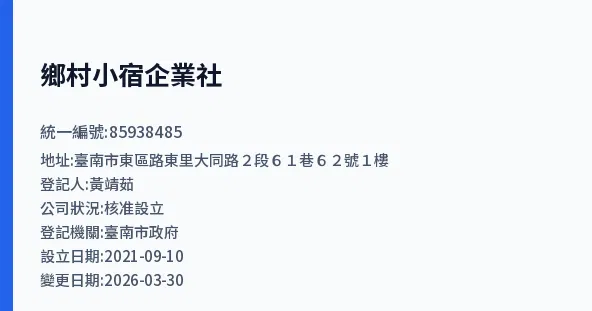鄉村小宿企業社的照片-統編 85938485(臺南市) 公司登記資料與營業項目詳細圖表