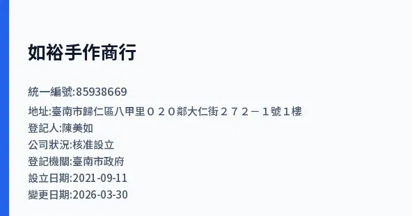 如裕手作商行的照片-統編 85938669(臺南市) 公司登記資料與營業項目詳細圖表