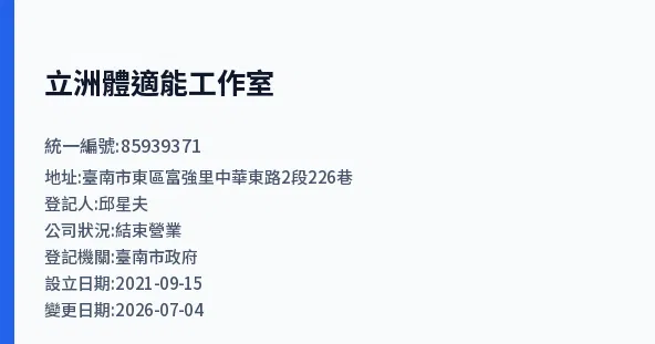 立洲體適能工作室的照片-統編 85939371(臺南市) 公司登記資料與營業項目詳細圖表