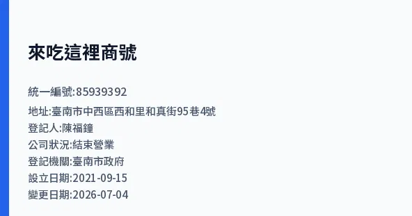 來吃這裡商號的照片-統編 85939392(臺南市) 公司登記資料與營業項目詳細圖表