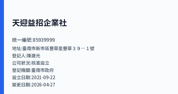 天迎益招企業社的照片-統編 85939999(臺南市) 公司登記資料與營業項目詳細圖表