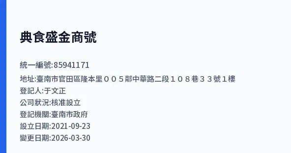 典食盛金商號的照片-統編 85941171(臺南市) 公司登記資料與營業項目詳細圖表