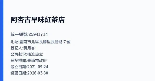 阿杏古早味紅茶店的照片-統編 85941714(臺南市) 公司登記資料與營業項目詳細圖表