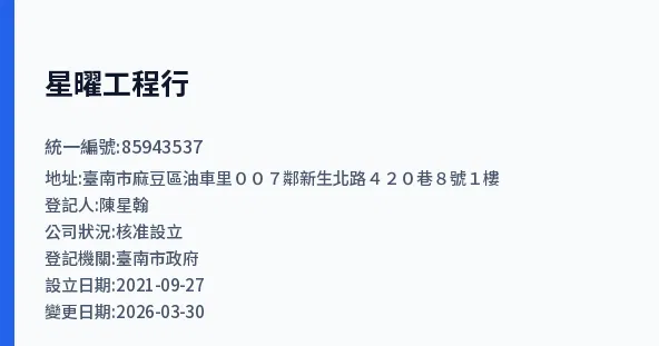 星曜工程行的照片-統編 85943537(臺南市) 公司登記資料與營業項目詳細圖表