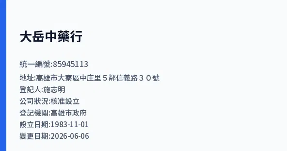 大岳中藥行的照片-統編 85945113(高雄市) 公司登記資料與營業項目詳細圖表