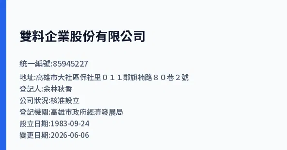 雙料企業股份有限公司的照片-統編 85945227(高雄市) 公司登記資料與營業項目詳細圖表