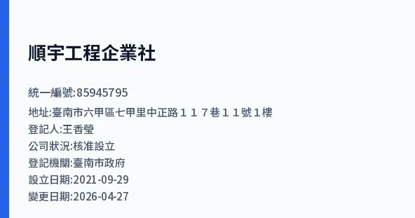 順宇工程企業社的照片-統編 85945795(臺南市) 公司登記資料與營業項目詳細圖表