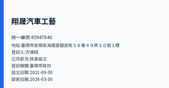 翔晟汽車工藝的照片-統編 85947040(臺南市) 公司登記資料與營業項目詳細圖表