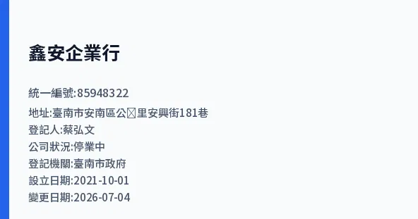 鑫安企業行的照片-統編 85948322(臺南市) 公司登記資料與營業項目詳細圖表