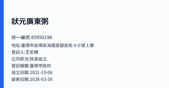 狀元廣東粥的照片-統編 85950298(臺南市) 公司登記資料與營業項目詳細圖表