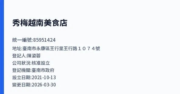 秀梅越南美食店的照片-統編 85951424(臺南市) 公司登記資料與營業項目詳細圖表