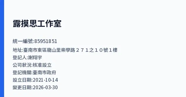 露摸思工作室的照片-統編 85951851(臺南市) 公司登記資料與營業項目詳細圖表