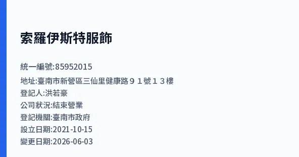 索羅伊斯特服飾的照片-統編 85952015(臺南市) 公司登記資料與營業項目詳細圖表