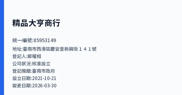 精品大亨商行的照片-統編 85953149(臺南市) 公司登記資料與營業項目詳細圖表