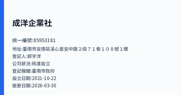 成洋企業社的照片-統編 85953181(臺南市) 公司登記資料與營業項目詳細圖表