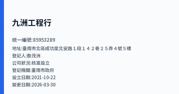九洲工程行的照片-統編 85953289(臺南市) 公司登記資料與營業項目詳細圖表