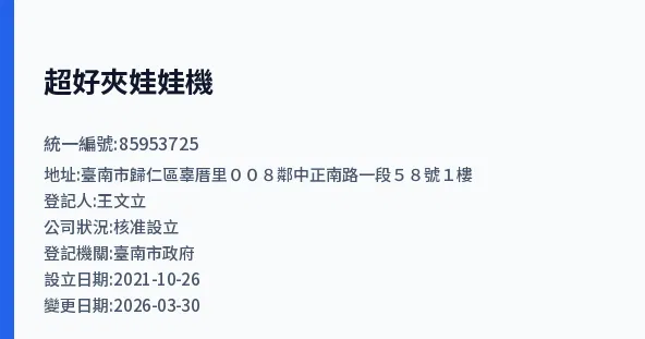 超好夾娃娃機的照片-統編 85953725(臺南市) 公司登記資料與營業項目詳細圖表