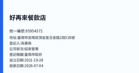 好再來餐飲店的照片-統編 85954371(臺南市) 公司登記資料與營業項目詳細圖表