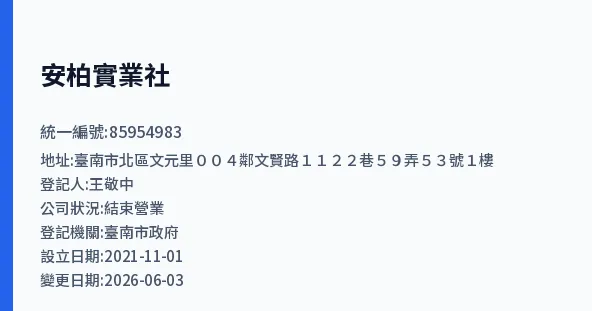 安柏實業社的照片-統編 85954983(臺南市) 公司登記資料與營業項目詳細圖表