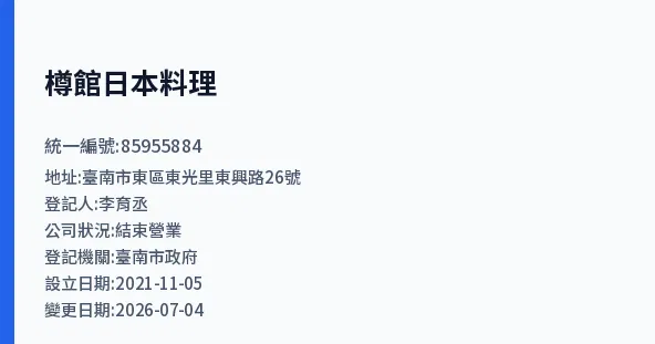 樽館日本料理的照片-統編 85955884(臺南市) 公司登記資料與營業項目詳細圖表