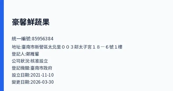 豪馨鮮蔬果的照片-統編 85956384(臺南市) 公司登記資料與營業項目詳細圖表