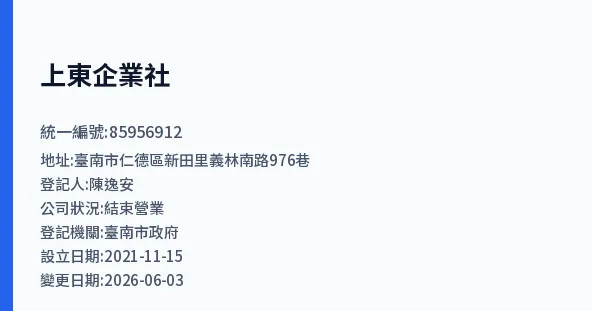 上東企業社的照片-統編 85956912(臺南市) 公司登記資料與營業項目詳細圖表