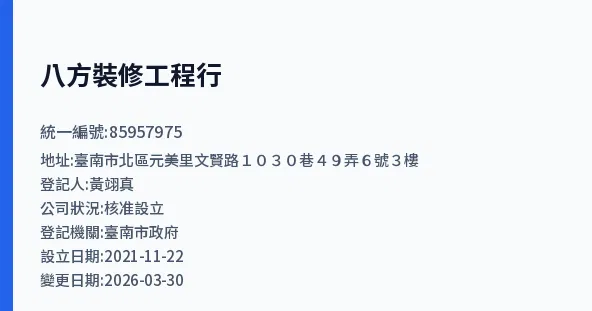 八方裝修工程行的照片-統編 85957975(臺南市) 公司登記資料與營業項目詳細圖表