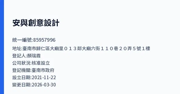 安與創意設計的照片-統編 85957996(臺南市) 公司登記資料與營業項目詳細圖表