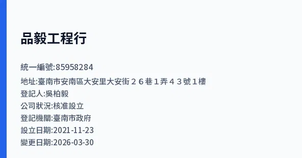 品毅工程行的照片-統編 85958284(臺南市) 公司登記資料與營業項目詳細圖表