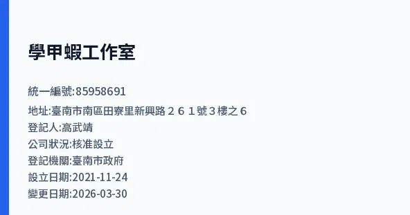 學甲蝦工作室的照片-統編 85958691(臺南市) 公司登記資料與營業項目詳細圖表