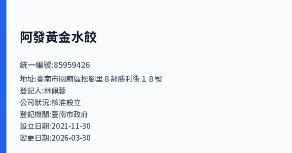阿發黃金水餃的照片-統編 85959426(臺南市) 公司登記資料與營業項目詳細圖表