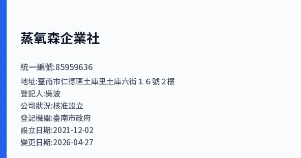 蒸氧森企業社的照片-統編 85959636(臺南市) 公司登記資料與營業項目詳細圖表