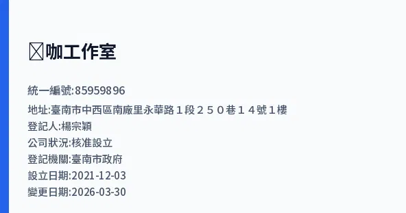 楽咖工作室的照片-統編 85959896(臺南市) 公司登記資料與營業項目詳細圖表