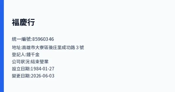 福慶行的照片-統編 85960346(高雄市) 公司登記資料與營業項目詳細圖表