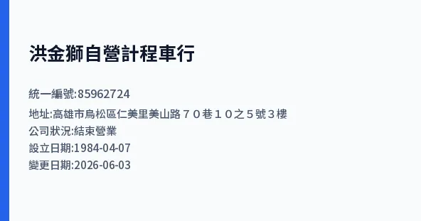 洪金獅自營計程車行的照片-統編 85962724(高雄市) 公司登記資料與營業項目詳細圖表