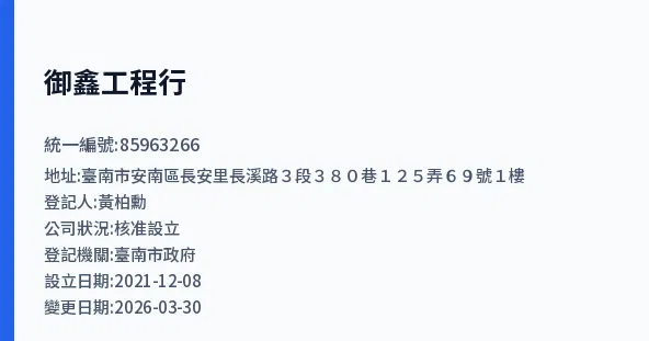 御鑫工程行的照片-統編 85963266(臺南市) 公司登記資料與營業項目詳細圖表
