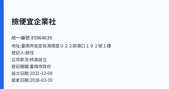 撿便宜企業社的照片-統編 85964639(臺南市) 公司登記資料與營業項目詳細圖表