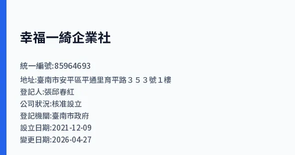 幸福一綺企業社的照片-統編 85964693(臺南市) 公司登記資料與營業項目詳細圖表