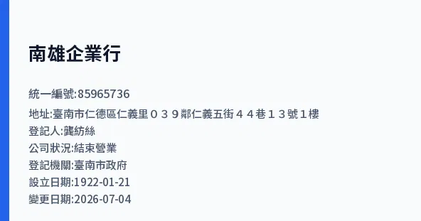 南雄企業行的照片-統編 85965736(臺南市) 公司登記資料與營業項目詳細圖表