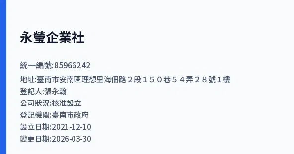 永瑩企業社的照片-統編 85966242(臺南市) 公司登記資料與營業項目詳細圖表