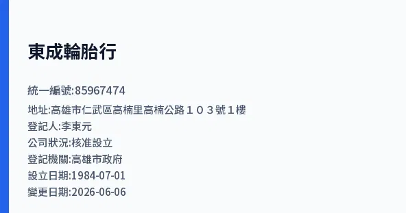 東成輪胎行的照片-統編 85967474(高雄市) 公司登記資料與營業項目詳細圖表