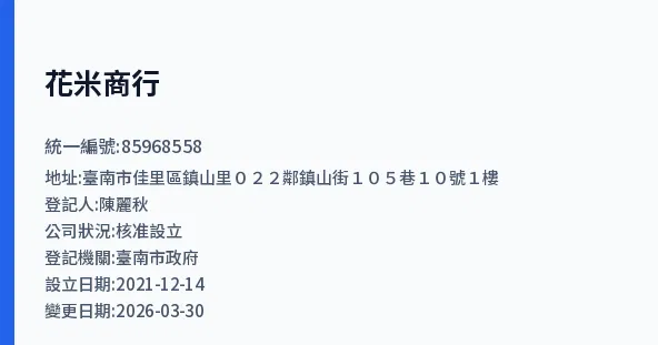 花米商行的照片-統編 85968558(臺南市) 公司登記資料與營業項目詳細圖表
