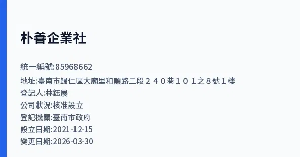 朴善企業社的照片-統編 85968662(臺南市) 公司登記資料與營業項目詳細圖表
