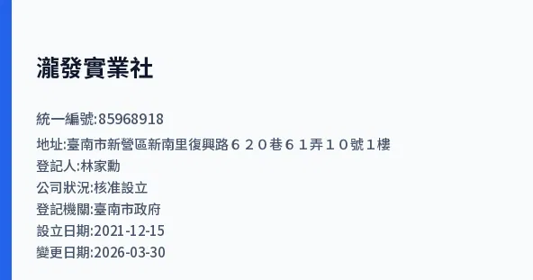 瀧發實業社的照片-統編 85968918(臺南市) 公司登記資料與營業項目詳細圖表