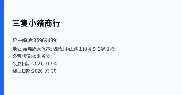 三隻小豬商行的照片-統編 85969439(嘉義縣) 公司登記資料與營業項目詳細圖表