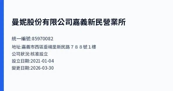 曼妮股份有限公司嘉義新民營業所的照片-統編 85970082(嘉義市) 公司登記資料與營業項目詳細圖表