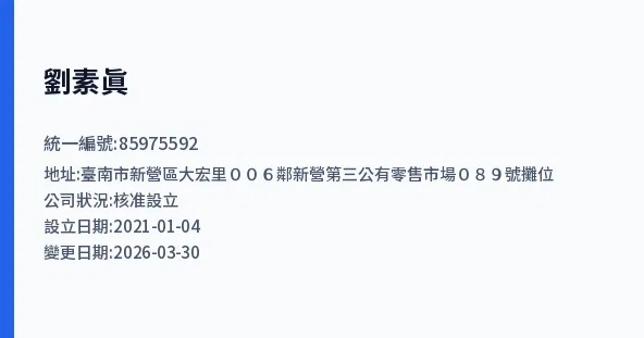 劉素眞的照片-統編 85975592(臺南市) 公司登記資料與營業項目詳細圖表