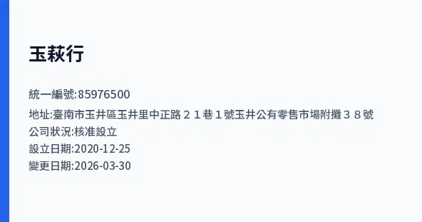 玉萩行的照片-統編 85976500(臺南市) 公司登記資料與營業項目詳細圖表