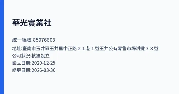 華光實業社的照片-統編 85976608(臺南市) 公司登記資料與營業項目詳細圖表